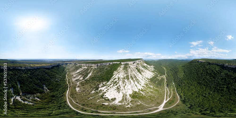 Panoramic aerial view over the Chufut-Kale gorge, where the Silk Road ...