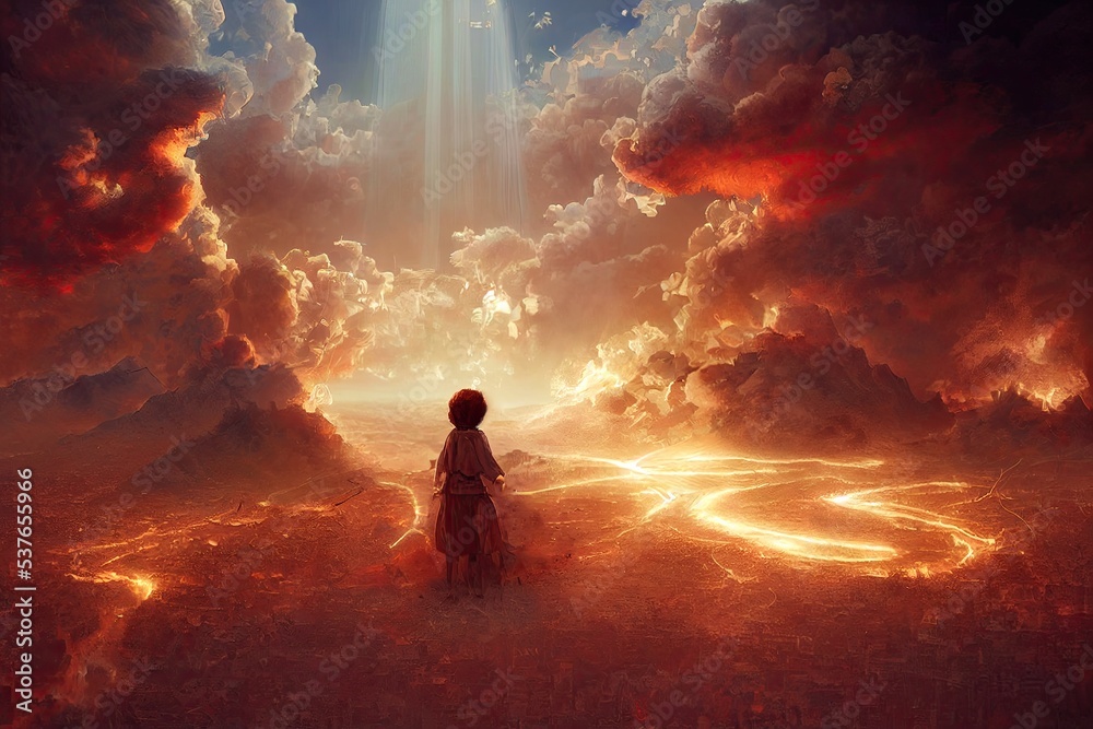 A child ascends from hell's fiery flames to heaven's light, to ...