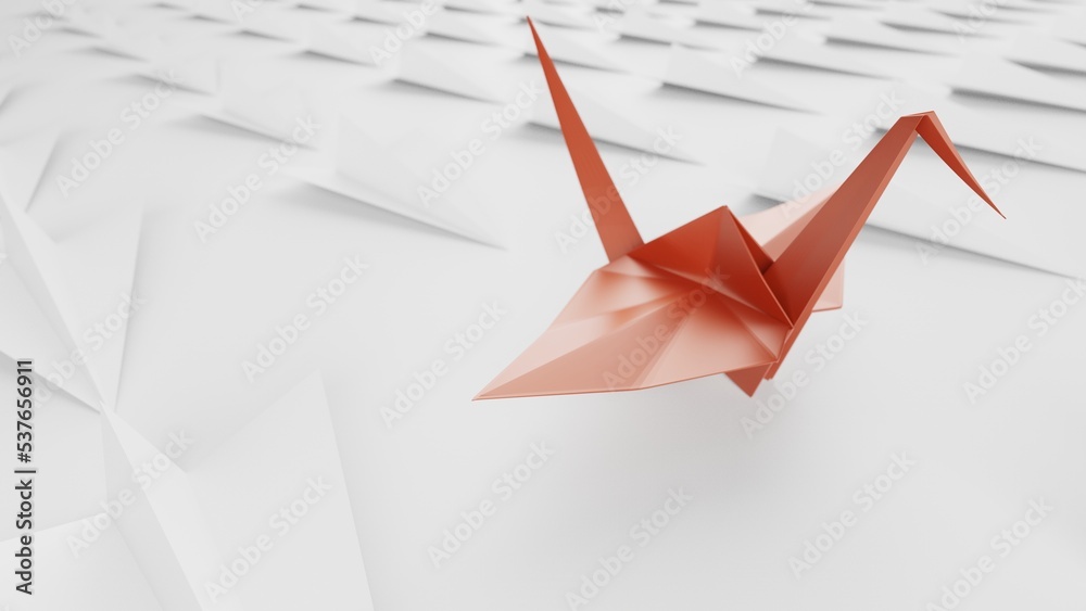 Origami of orange crane and many airplanes on white board under white ...