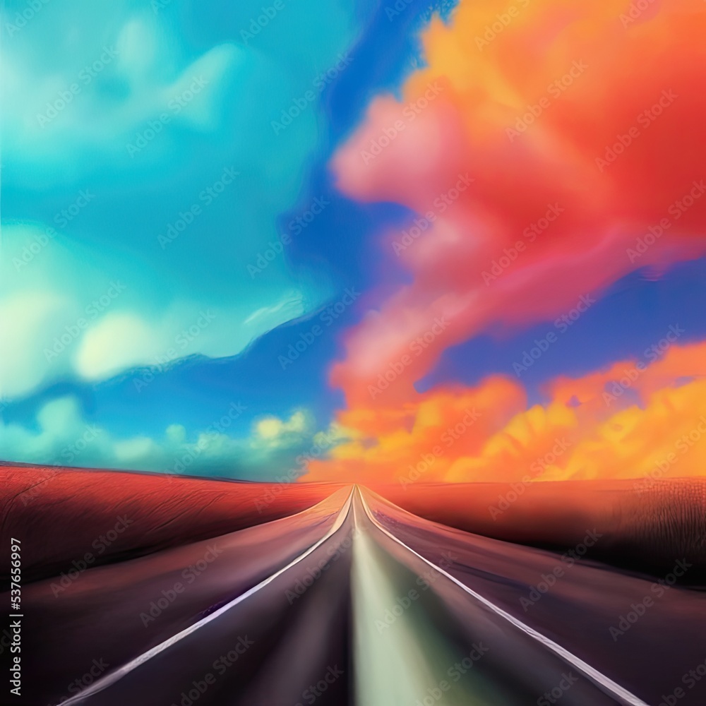 Beautiful sunburst above a receding road with brilliant clouds of ...