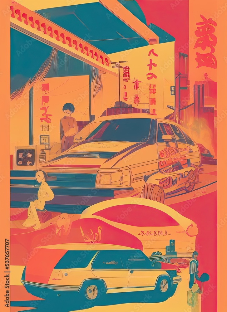 Japanese pop art style concept illustration with city pop and vehicles ...