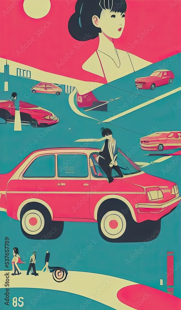 Japanese pop art style concept illustration with city pop and vehicles ...