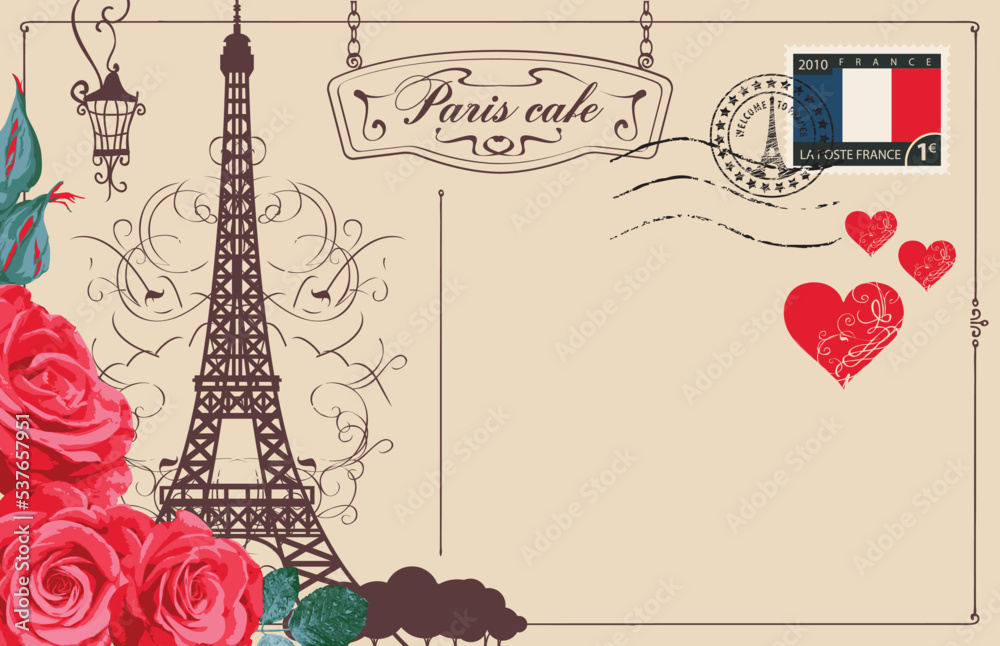 Retro postcard with Eiffel tower in Paris, France. Romantic vector ...
