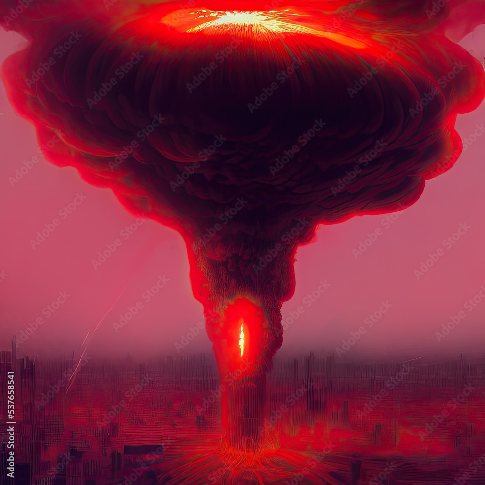 Mushroom cloud explosion nuclear atomic bomb on a city in ruins ...