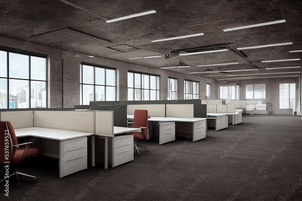 Office rows with partitions and light furniture. Office space layout ...