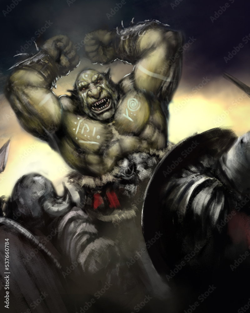 The green troll attacks the Vikings, runes are applied to his muscles ...