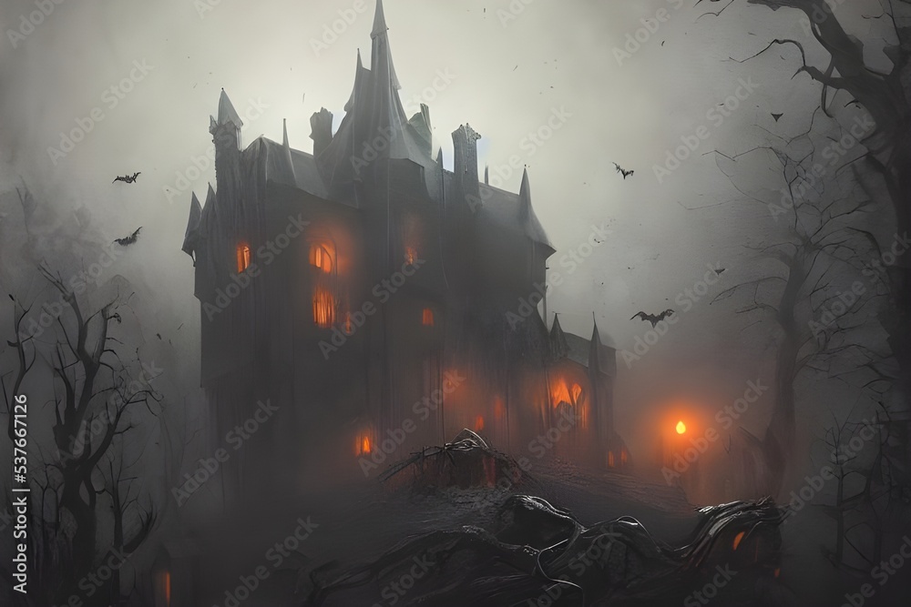 The Halloween scary castle is a spooky old building with pointy turrets ...