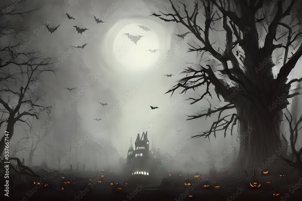 The Halloween scary castle is a large, dark structure made of stone. It ...
