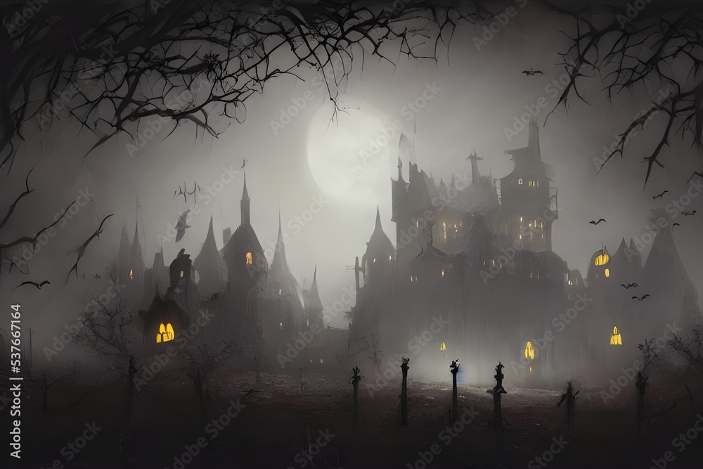 The orange moon is just visible through the trees, casting an eerie ...