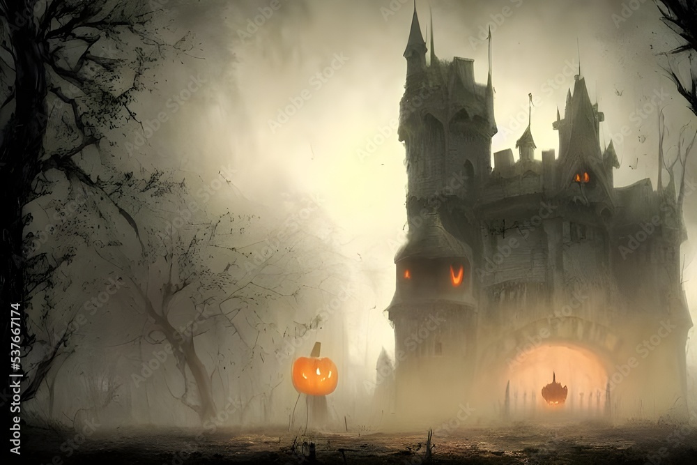 The Halloween scary castle is drenched in darkness, with only a sliver ...