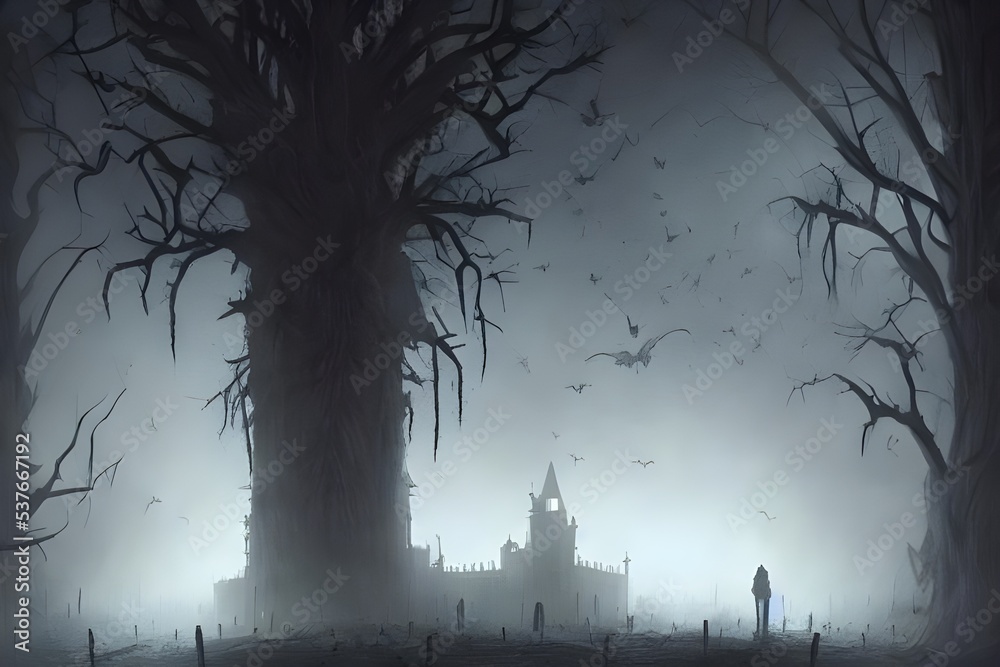 The Halloween scary castle is a dark, foreboding place. It's walls are ...