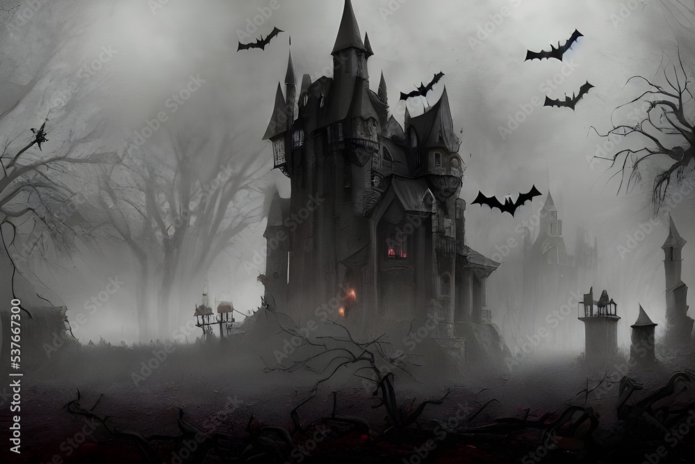 The castle is looming in the distance, its dark towers reaching up into ...