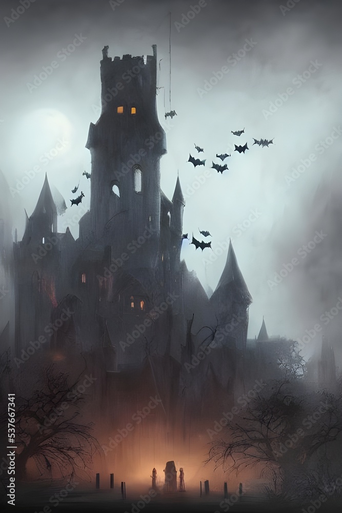 A dark, spooky castle looms in the distance. It's surrounded by a foggy ...