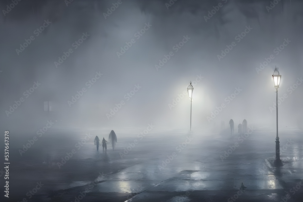 A family of four ghosts stands in front of a dark, spooky house on ...