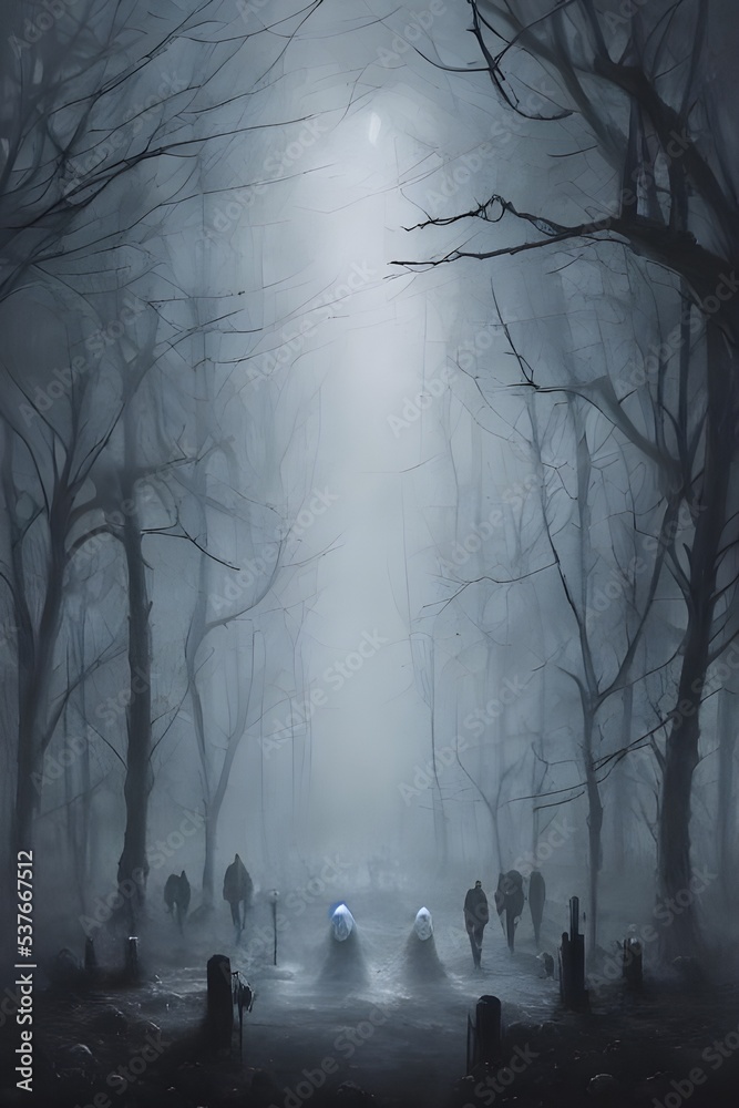 Two white ghosts with black eyes and mouths open wide are floating in ...