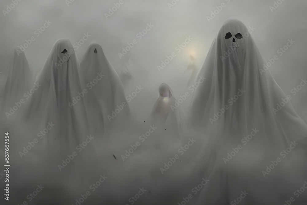 In the spooky picture, there are three ghosts floating in the air. They ...