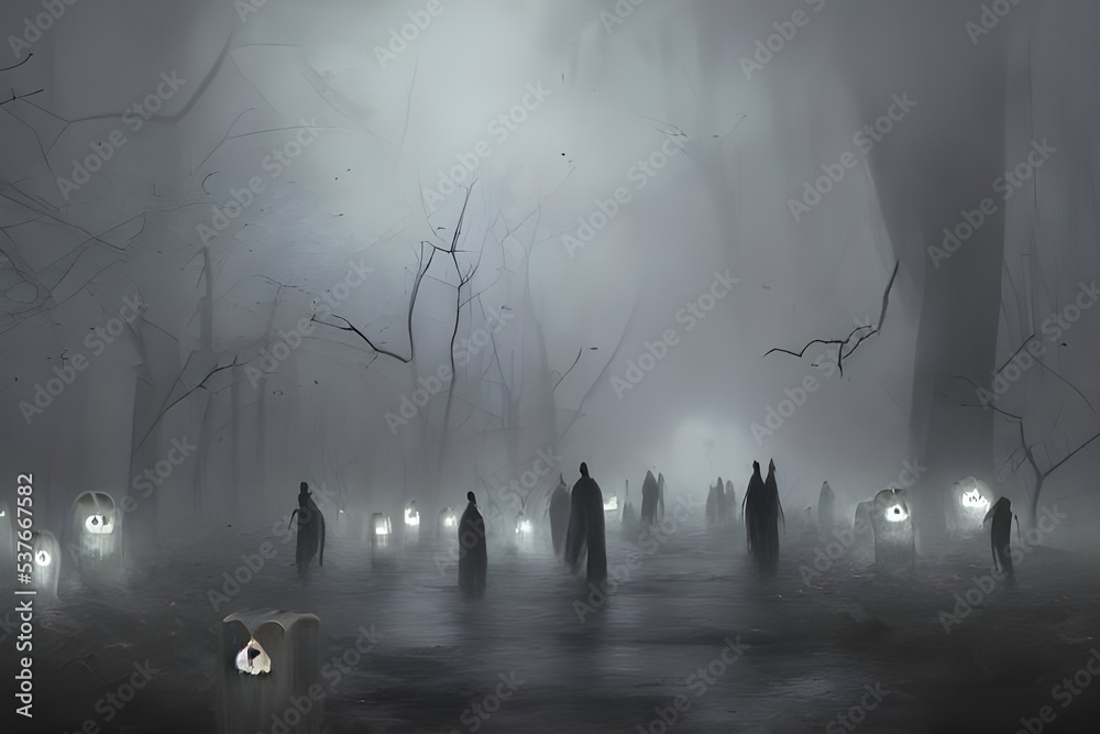 A group of three ghosts are floating in the air above a pumpkin patch ...