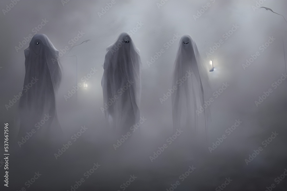 The ghosts are floating around in the Halloween sky. They are white and ...