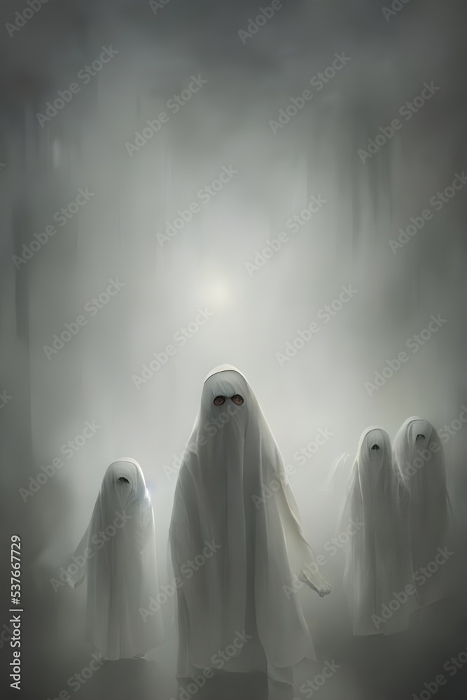 There are three ghosts in the picture. They look scary and they are ...