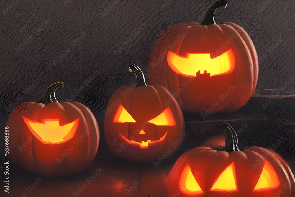 The pumpkins are carved into scary faces and lit up with orange lights ...