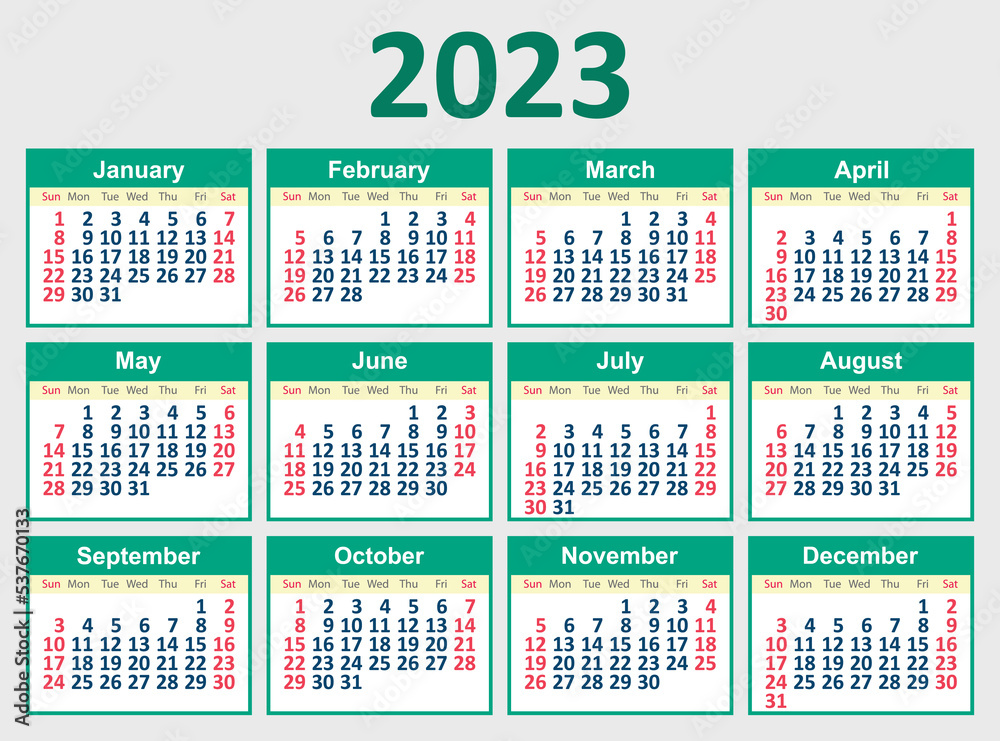Monthly calendar grid template for 2023 year in English. Week Starts on ...