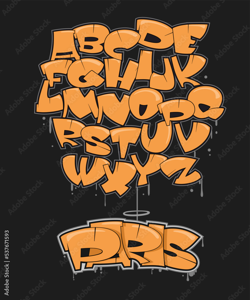 Graffiti alphabet. Comic style hand drawn font isolated on dark ...