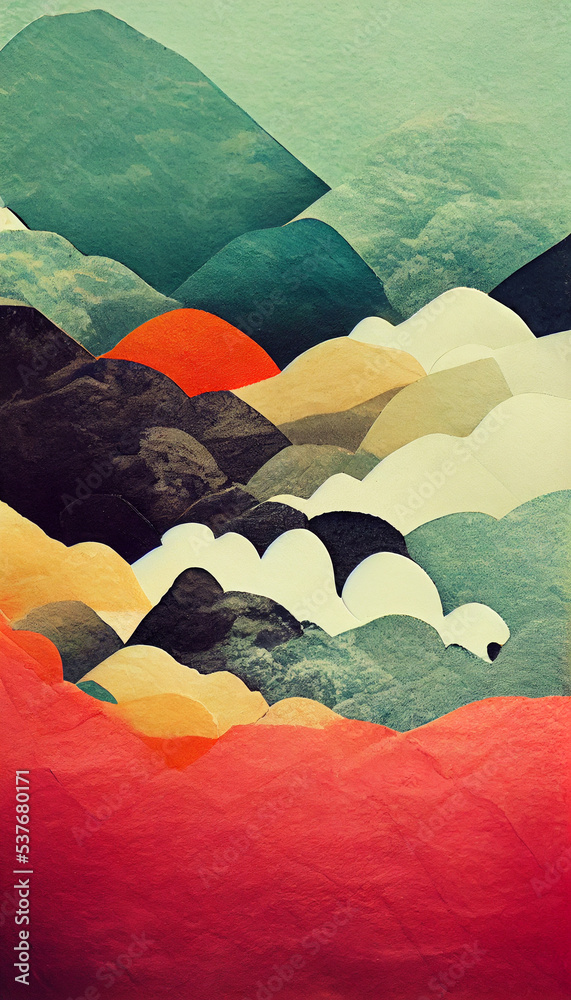 Colorful collage art of abstract mountain landscapes with sky, clouds ...