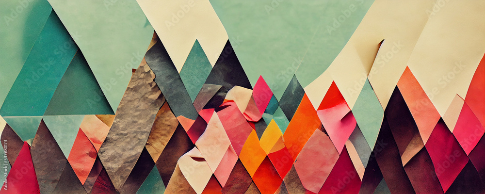 Colorful collage art of abstract mountain landscapes with sky, clouds ...