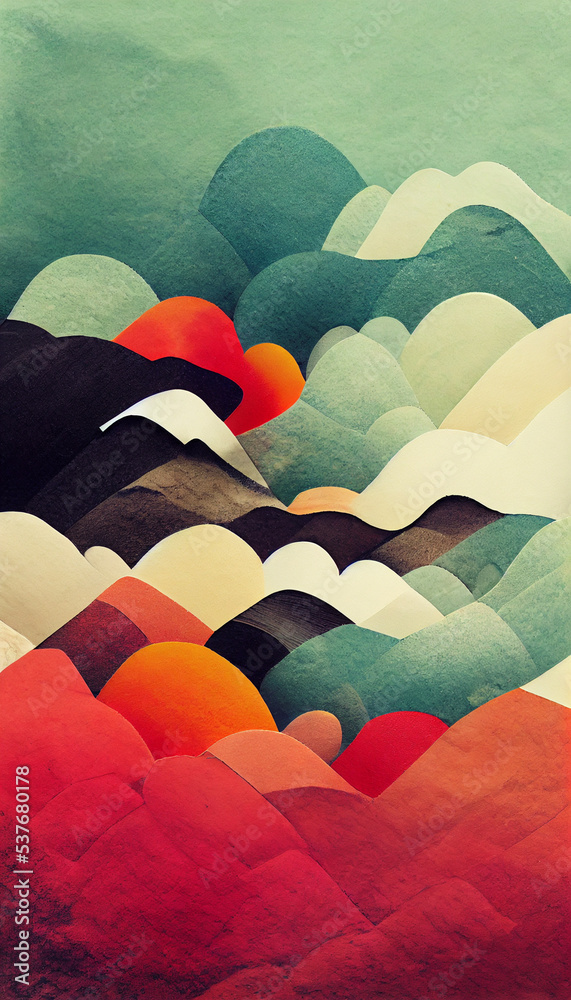 Colorful collage art of abstract mountain landscapes with sky, clouds ...