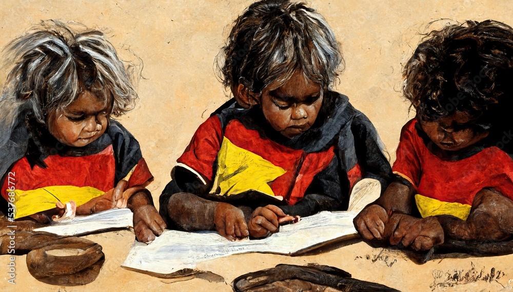 Aboriginal Australian children are studying together, reading, writing ...