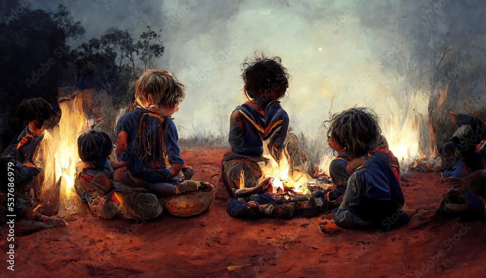 Aboriginal Australian children are playing around a campfire in the dry ...