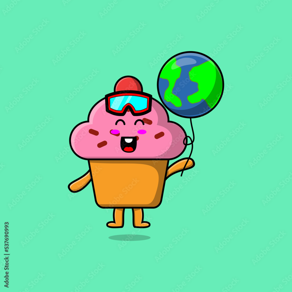 Cute cartoon Cupcake floating with world balloon cartoon vector ...