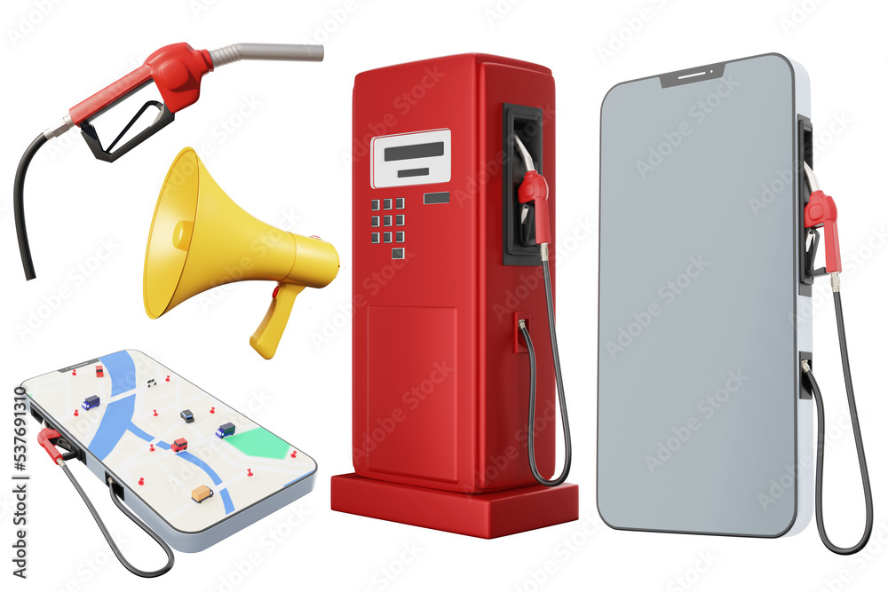 Set of gas nozzles, gas station, mobile phone map, megaphone, and ...