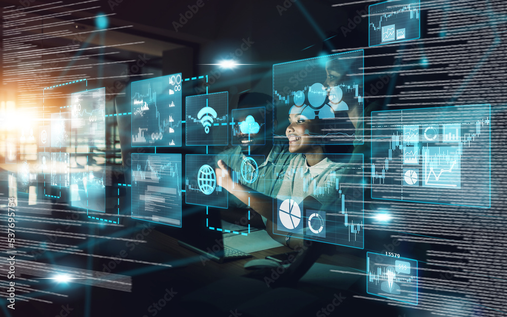 Digital transformation, black people and group networking on computer ...