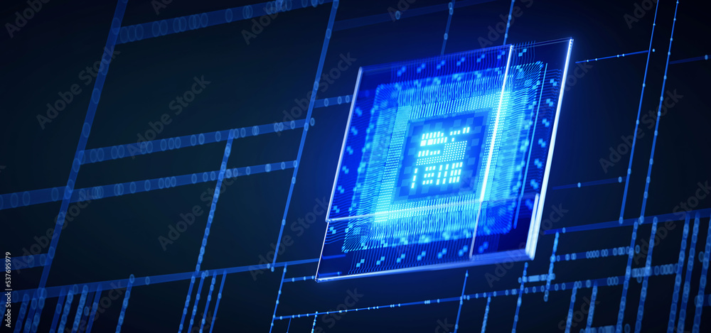 3D rendering of cyberpunk AI. Circuit board. Technology background ...