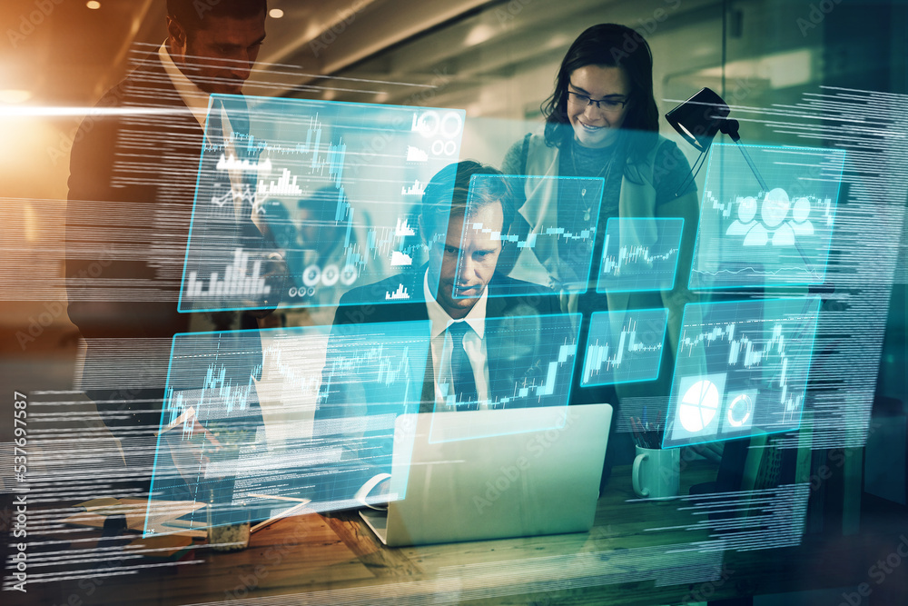 Business people, laptop or 3D networking abstract in night office with ...