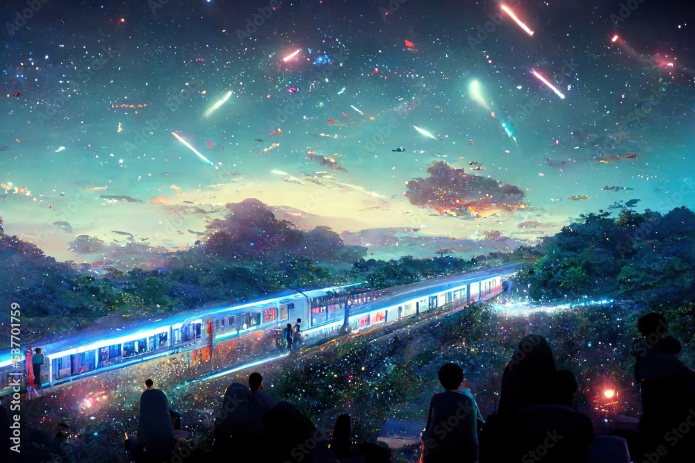 Train travel through space. concept art. illustration. planets ...