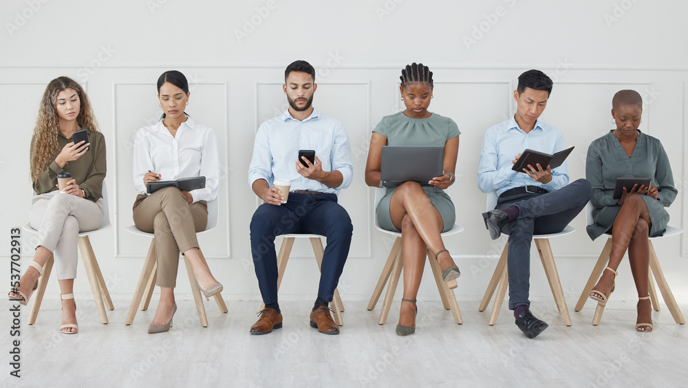 Business people, diversity and waiting room in networking or social ...