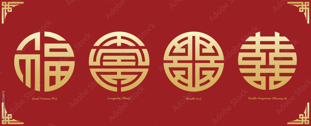Chinese text Good Fortune, Longevity, Wealth, double happiness symbol ...