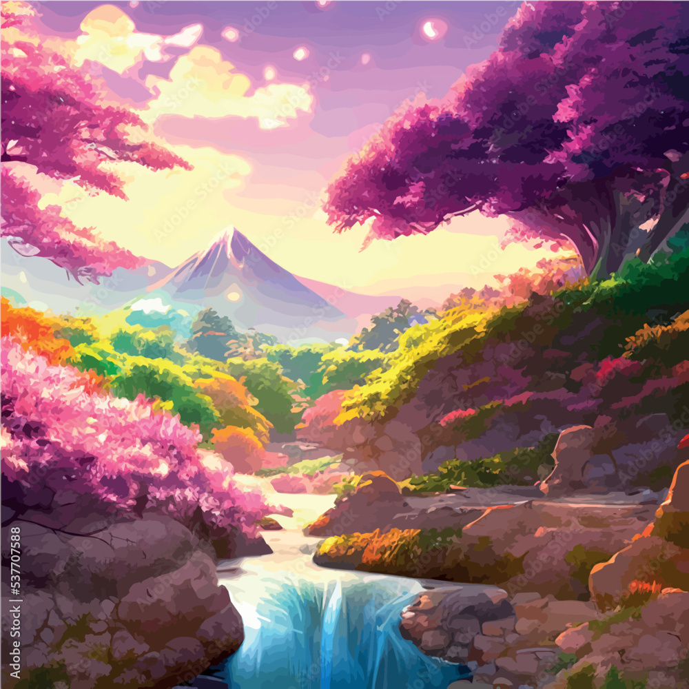 vector illustration. artistic picture Japan volcanic mountains. Asian ...