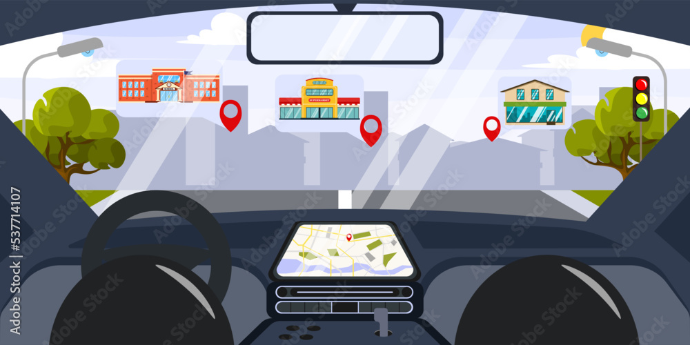 Vector illustration of beautiful GPS in car. Cartoon landscape with ...