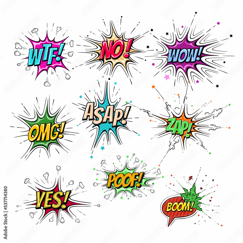Speech bubble, boom sign expression and pop art text frames Stock ...