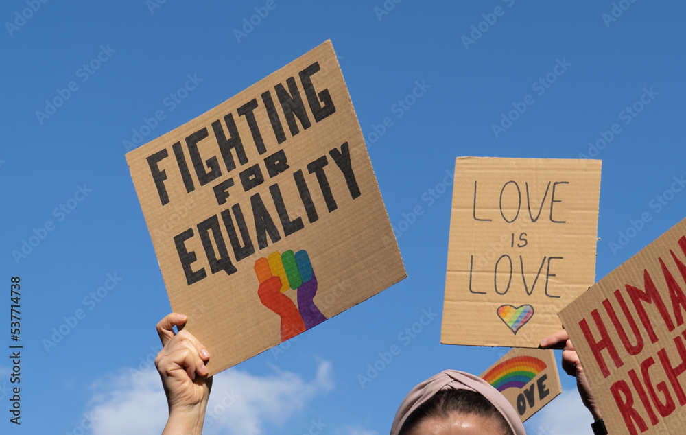 People holding placard signs with slogans Fighting for Equality fist ...