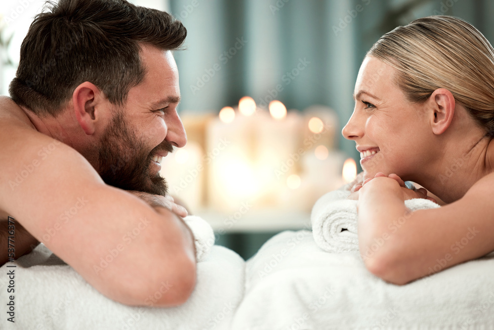 Spa, smile and couple on massage bed table for luxury messaging, relax ...