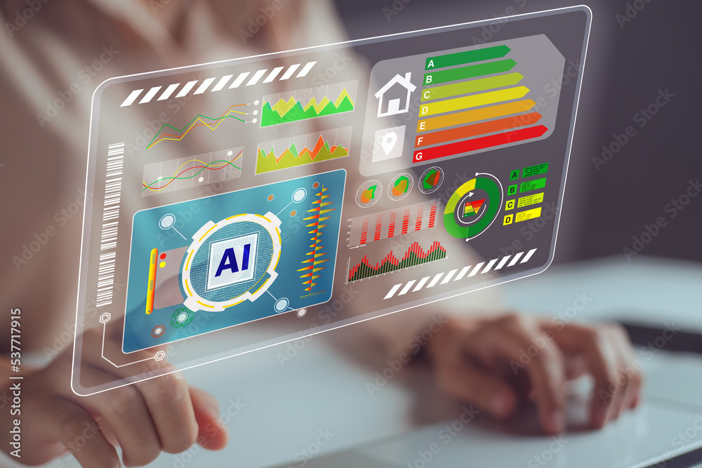 Hand pressing the AI symbol in the energy efficiency dashboard. Concept ... Hand pressing the AI symbol in the energy efficiency dashboard. Concept ...