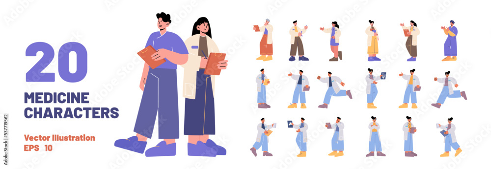 Medicine characters, doctors and nurses in uniform with stethoscope, x ...