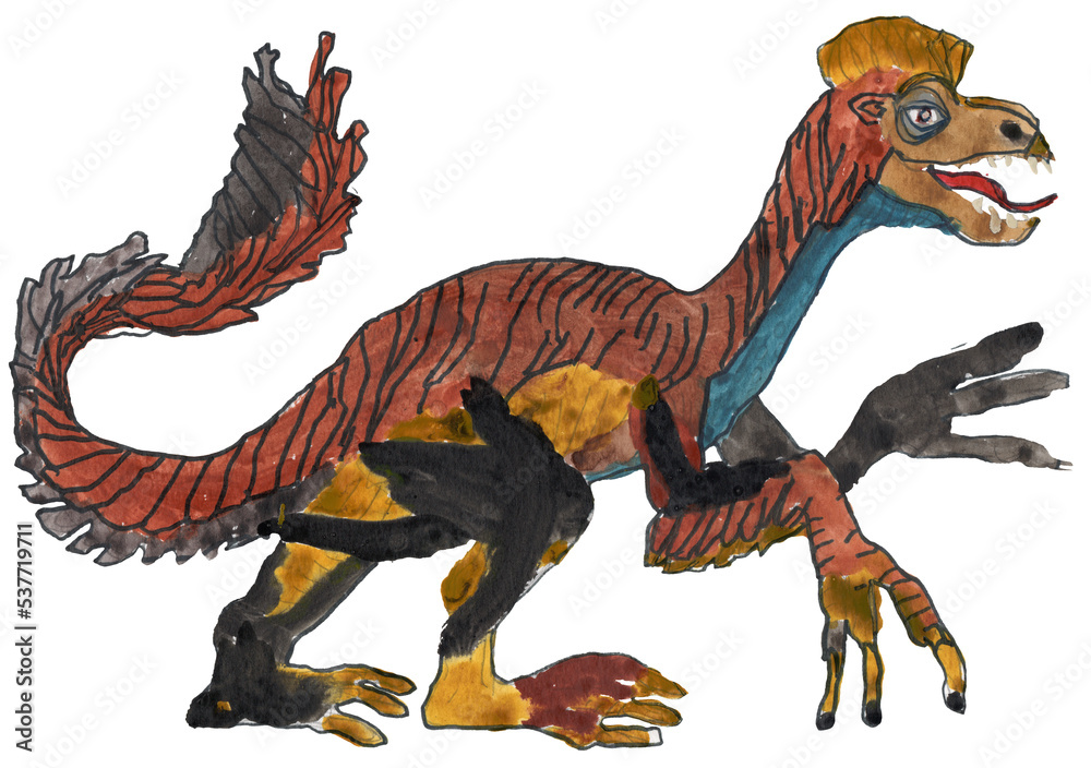 Watercolor painted felt-tip pen drawing of fairy tale dinosaur ...