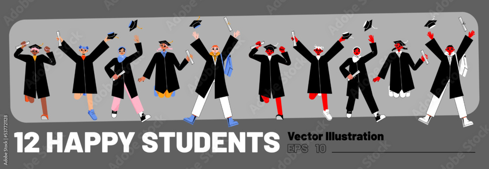 Happy students, college or university graduates jump and throw up ...