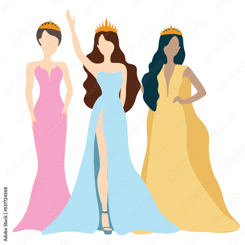 Vector illustration of three beauty queens on white background Stock ...