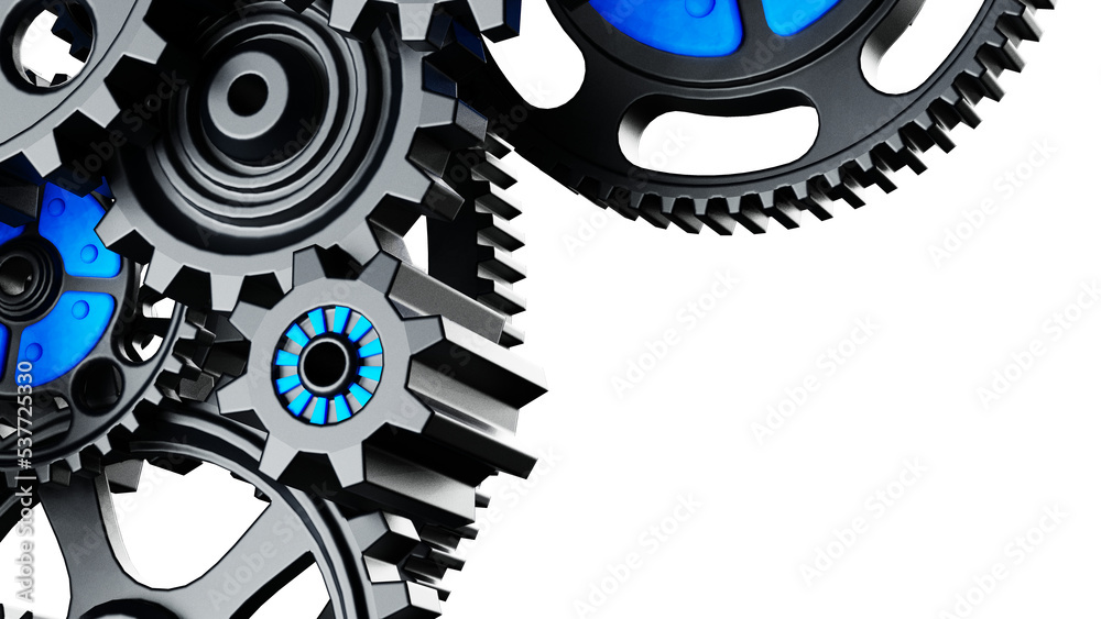 Mechanism black-blue metallic gears and cogs at work on white ...